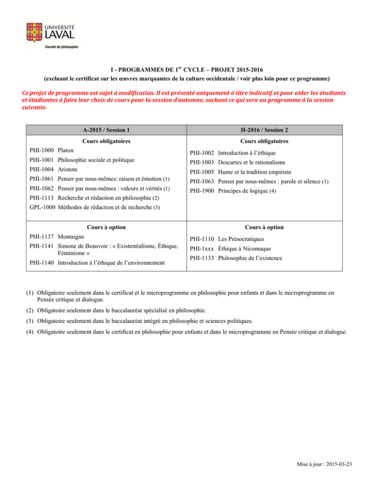 I - PROGRAMMES DE 1er CYCLE – PROJET 2015